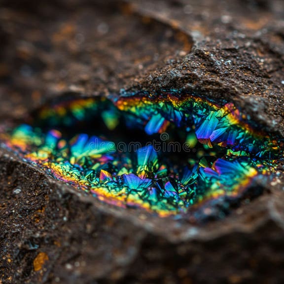 Rough Rock Surface with an Embedded Geode Displaying Vibrant Iridescent ...