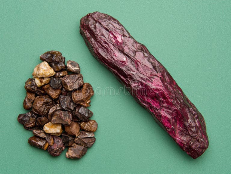 Rough Ruby Stones and a Large Ruby Specimen on a Green Background Stock ...