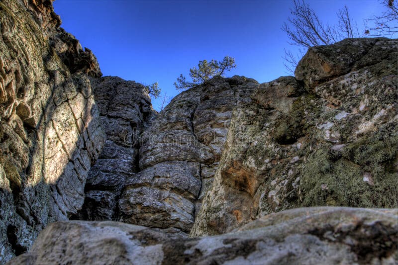 Rugged Rock Formations in a Forest Covered with Moss Under a Clear Sky ...