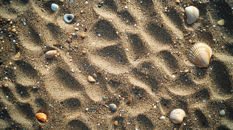 A Rough, Sandy Beach Surface with Footprints, Shells, and Small Pebbles ...