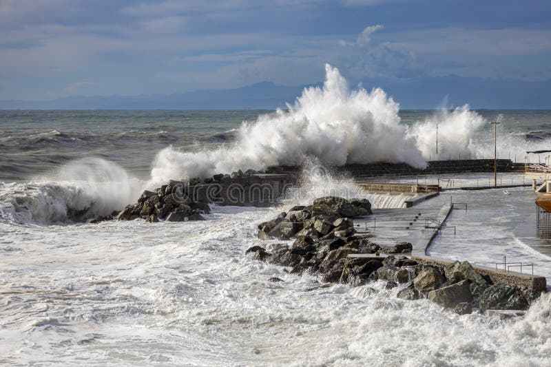 Rough Sea with Big Waves on the Piers of the Genoa Seafront, Italy ...