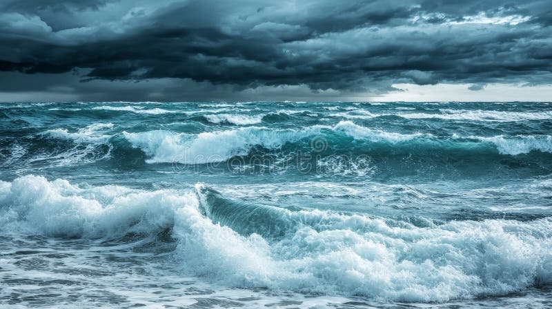 A Rough Sea with Huge Waves Smashing Under a Darkened Sky, Subtly ...