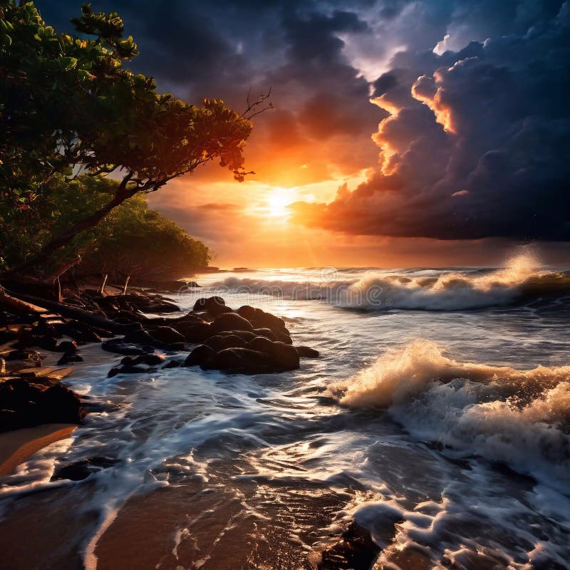 Rough Sea Wild Surf Coast Lined Mangroves Stock Illustration ...