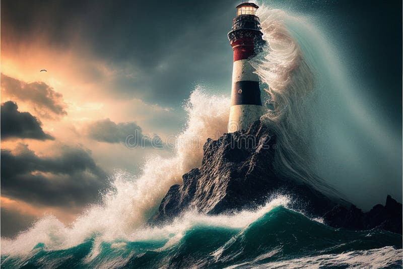 Dramatic Stormy Scene of the Ocean Crashing Against a Lighthouse Stock ...