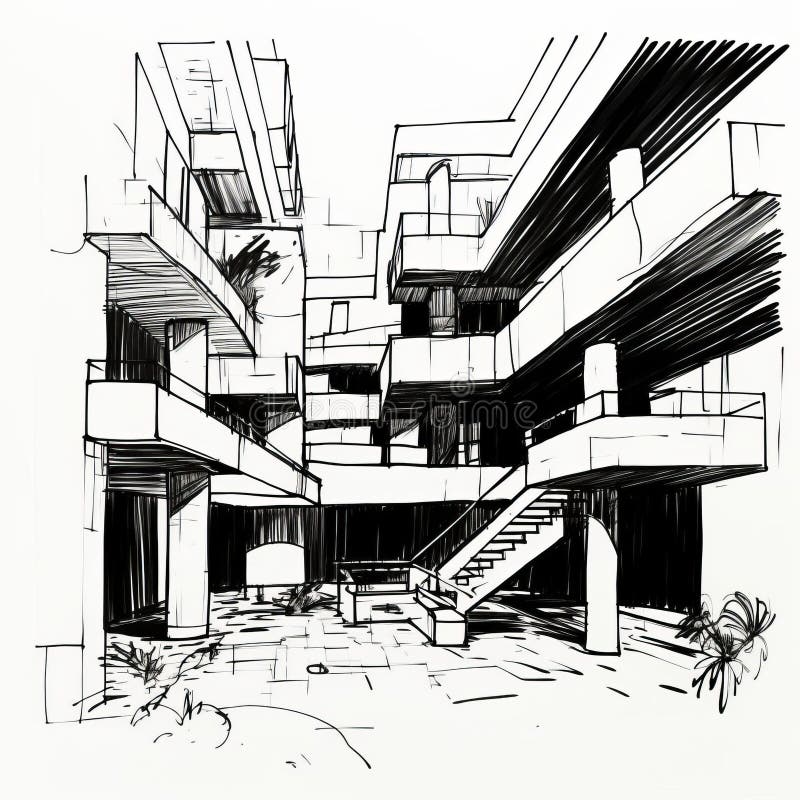 Rough Simple Hand Drawn Sketch of Atrium Architecture Design Stock ...