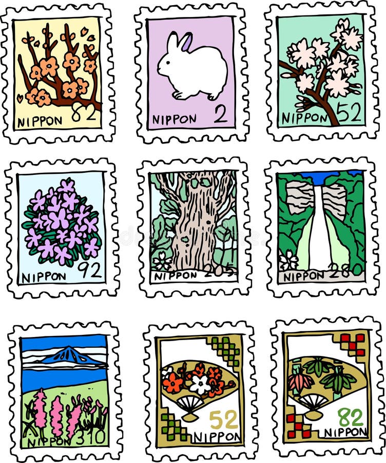 Rough Sketch of Japanese Stamps Set Stock Vector - Illustration of ...