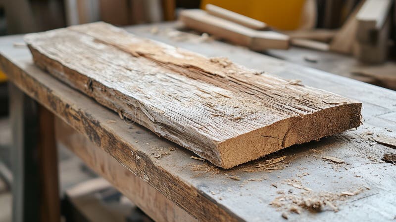 A Rough, Splintered Wooden Plank Rests on a Workbench in a Workshop ...