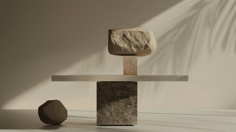 Rough Stone Balanced on Wooden Column Atop Rectangular Table Podium, Ai ...