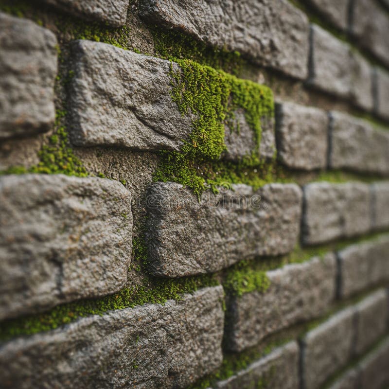 Rough Stone Brick Wall with Green Moss (Bryophyta) Growing between the ...