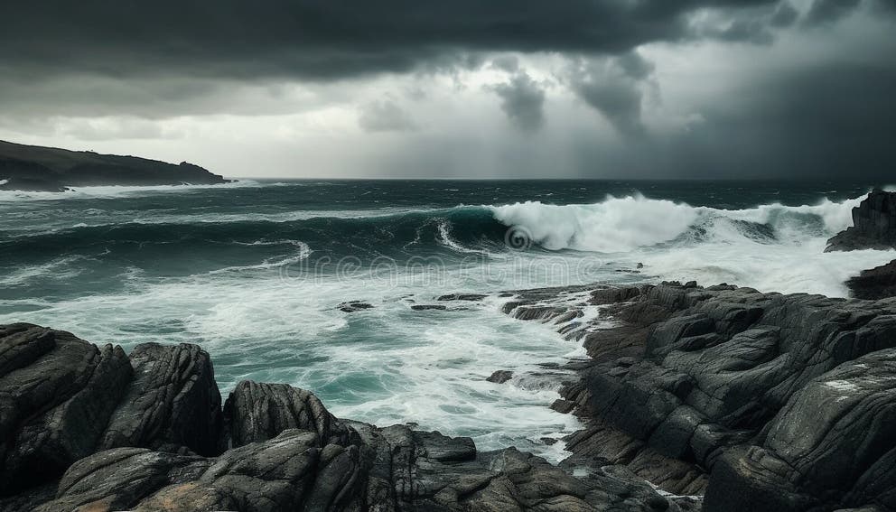 Rough Stone Cliffs Break Waves, Dramatic Sky Adds Awe Inspiring Beauty Generated by AI Stock ...
