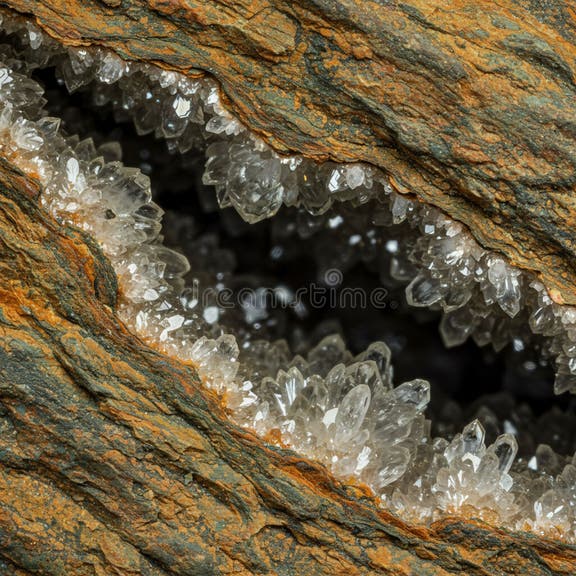 Rough, Textured Brown Rock with a Crevice Revealing Clusters of Clear ...