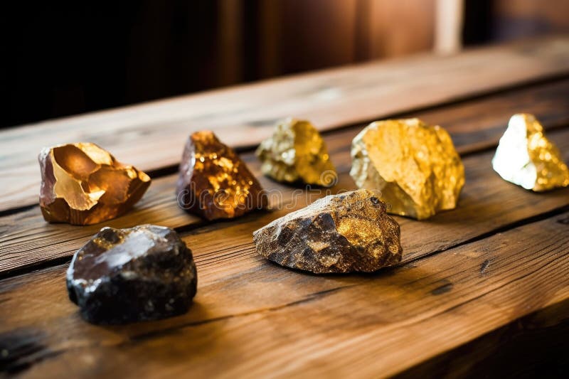 Rough Textured Gold Ore Samples on a Wooden Table Stock Illustration ...
