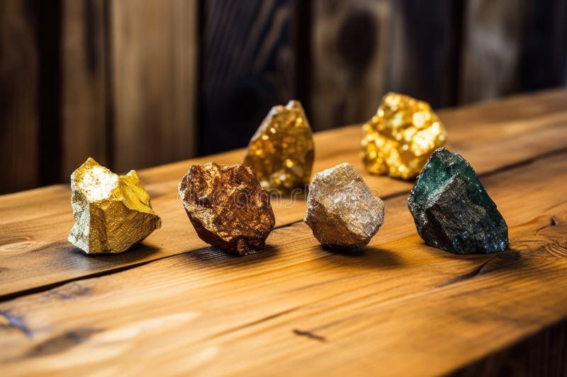 Rough Textured Gold Ore Samples on a Wooden Table Stock Illustration ...
