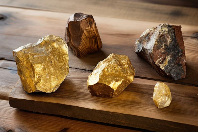 Rough Textured Gold Ore Samples on a Wooden Table Stock Illustration ...
