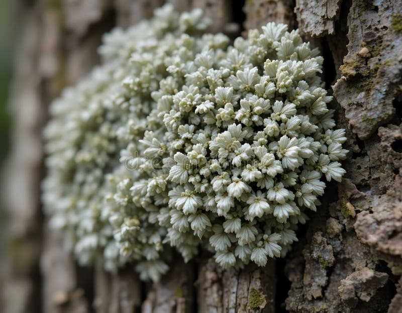 Rough Tree Bark with Deep Grooves Hosts a Dense Cluster of Lichen ...