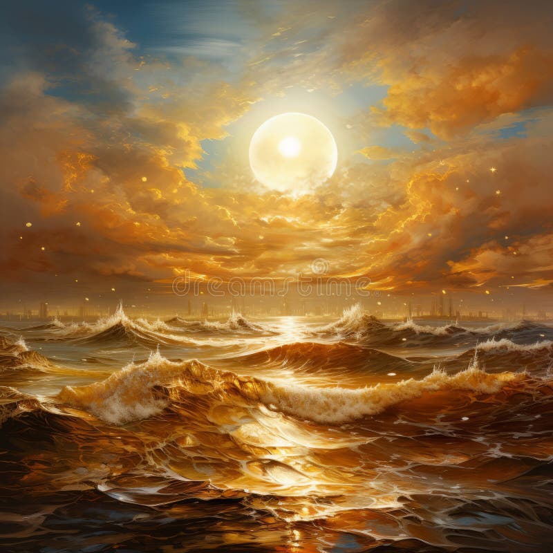Golden Surrealism: Waves at Ocean Sunset Painting Stock Illustration ...
