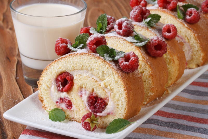 Roulade with Fresh Raspberries Closeup and Milk Horizontal Stock Image ...