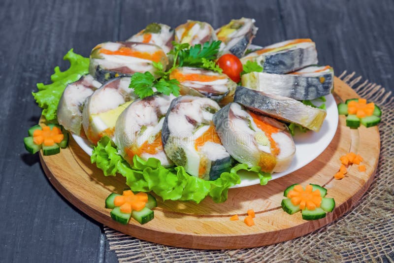 Roulade of Sea Fish Mackerel with Boiled Vegetables and Eggs, Gala ...