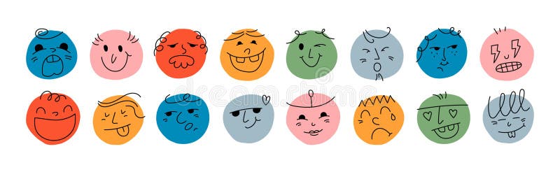 Round Abstract Comic Faces with Different Emotions Stock Illustration ...