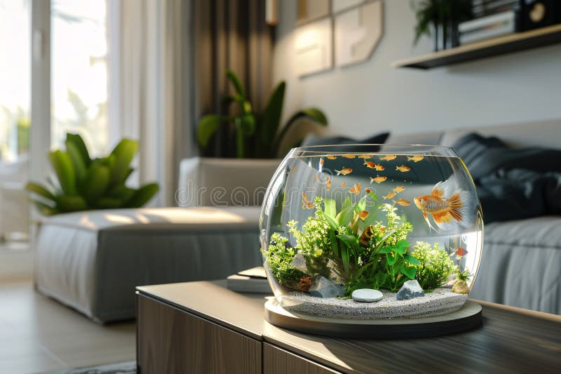 Round Aquarium on Table in Modern Living Room with Sofa Stock ...