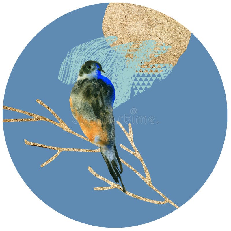 Round Art Composition with Watercolor Bird and Golden Elements Stock ...