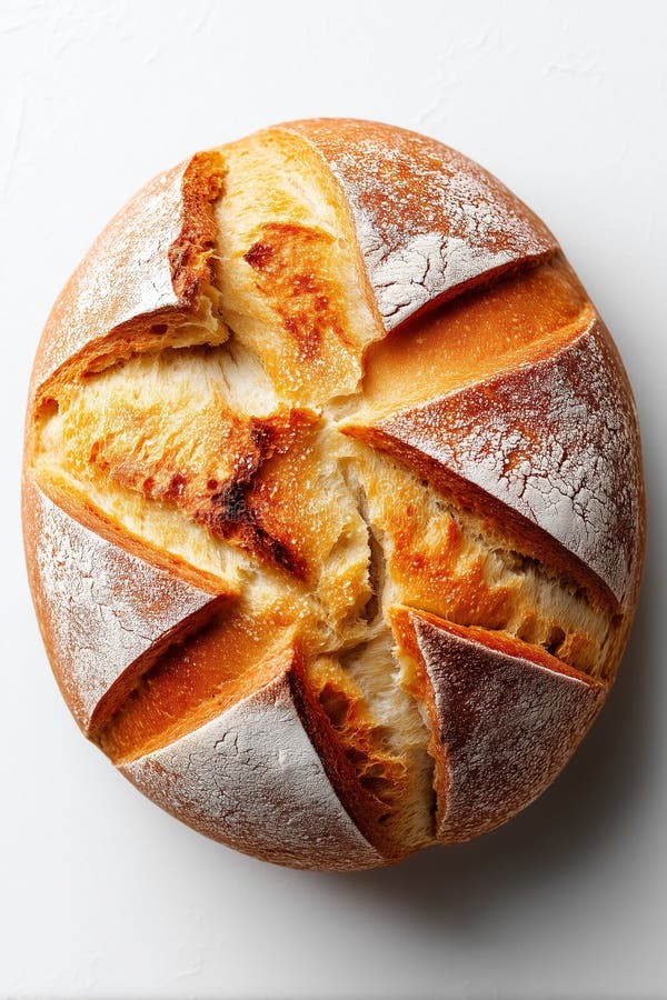 Round Artisanal Bread Rests on Clean White Surface Showcasing Golden ...