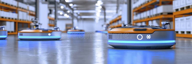 Round Autonomous Robots Navigating Warehouse Floor Stock Illustration - Illustration of ...