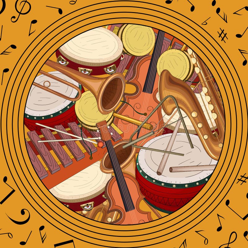 Round Background with Notes and Musical Instruments. Stock Vector ...