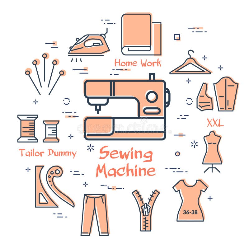 Round Banner Tailoring on Sewing Machine, Needlework Icons, Design Flat Style Vector ...