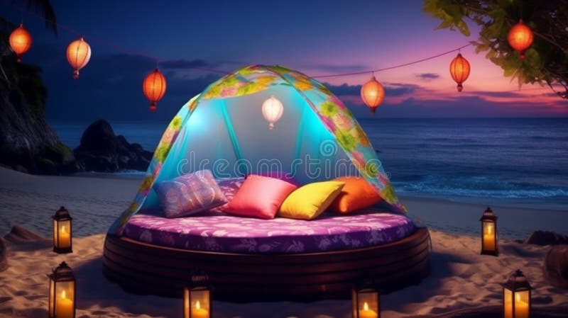 A Round Bed On Beach With Lights Romantic Exotic Landscapes At Sunset Stock Illustration