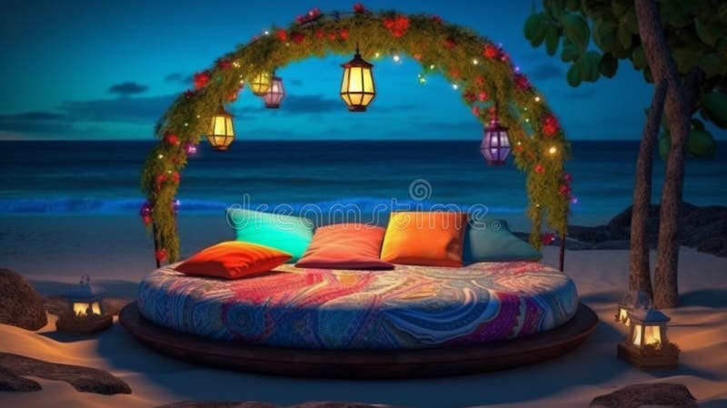 A Round Bed On Beach With Lights Romantic Exotic Landscapes At Sunset Stock Illustration