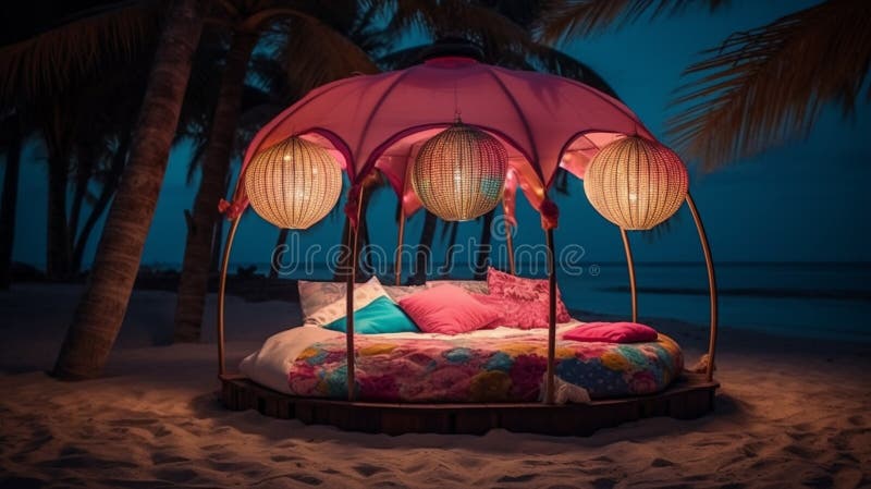 A Round Bed On Beach With Lights Romantic Exotic Landscapes Stock Illustration Illustration
