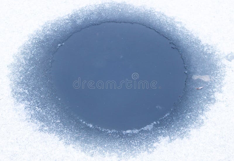 Round Big Hole in Thin Ice on a Lake in the Park. Stock Photo - Image ...