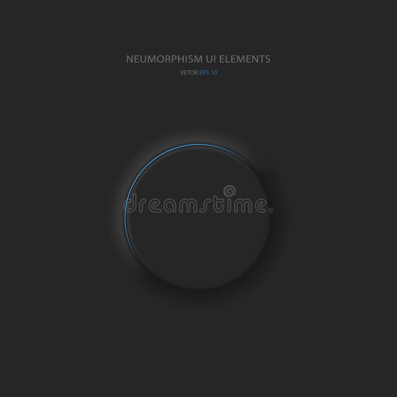 Round Black Button in Neumorphic Style with Blue Backlight. User ...