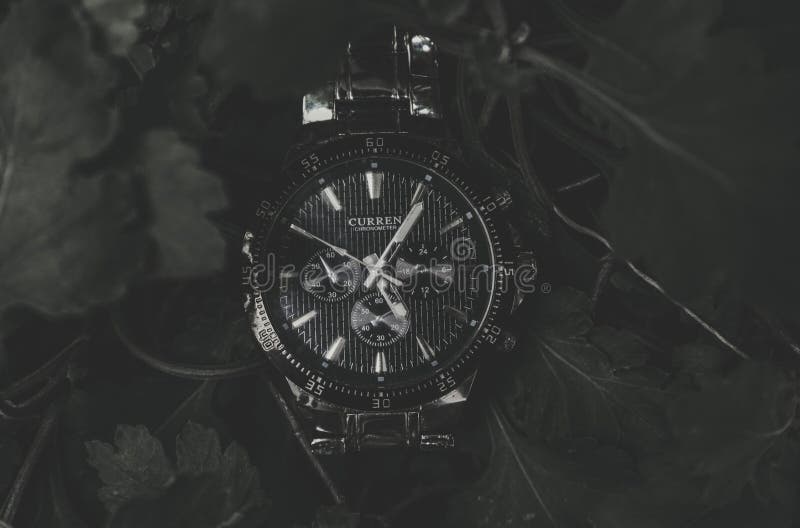 Round Black Current Chronograph Watch with Link Bracelet Stock Image ...