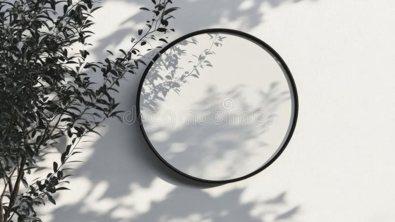 Round Black Framed Mirror on White Wall with Leaf Shadows Stock ...