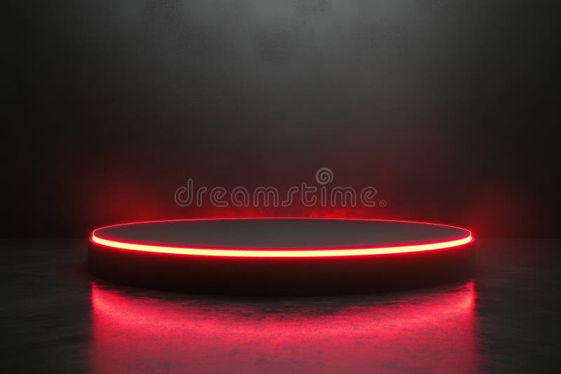 Round Black Podium Illuminating Red Neon Light in Dark Empty Room Stock ...