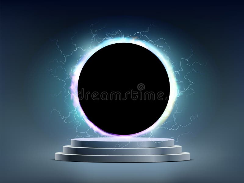 Round Black Portal with Electrical Discharges Above the Podium Stock ...