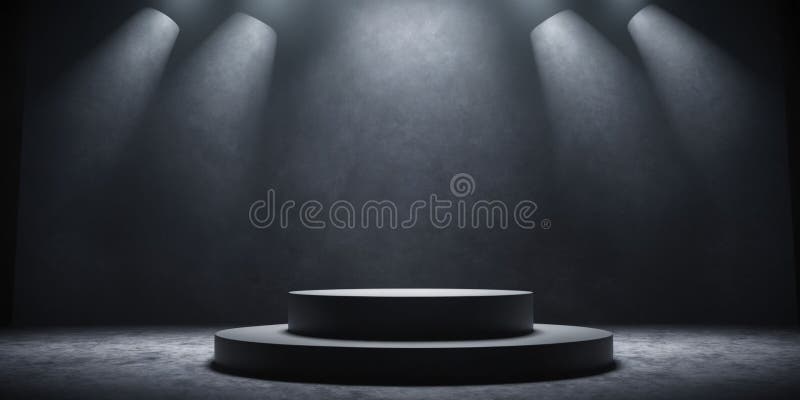 Round Black Presentation Stand on Black Background, Empty Room with ...