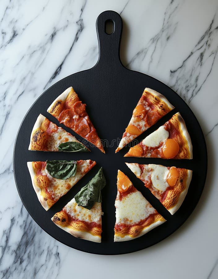 On a Round Black Serving Platter is a Pizza Cut into Eight Slices, with ...