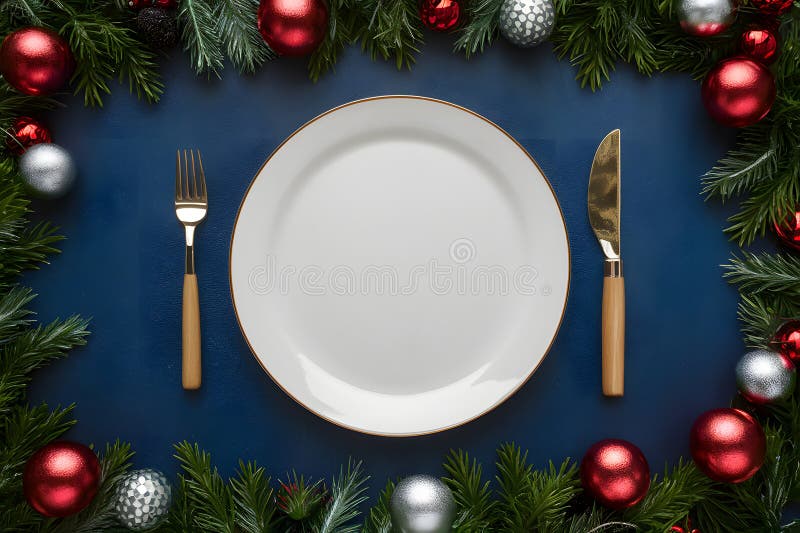 Round Blank Plate Mockup with Festive Decor, Top View Stock ...