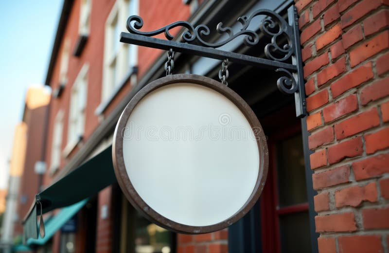 Round Blank Shop Sign Hangs from Ornate Wrought Iron Pole in Front of ...
