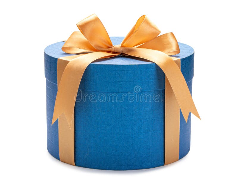 Round Blue Box with Yellow Bow and Ribbon Isolated Stock Photo - Image ...