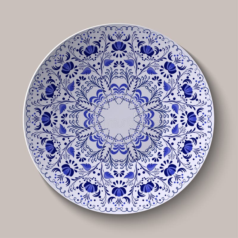 Blue Round Floral Ornament. Pattern Applied To the Ceramic Plate Stock ...