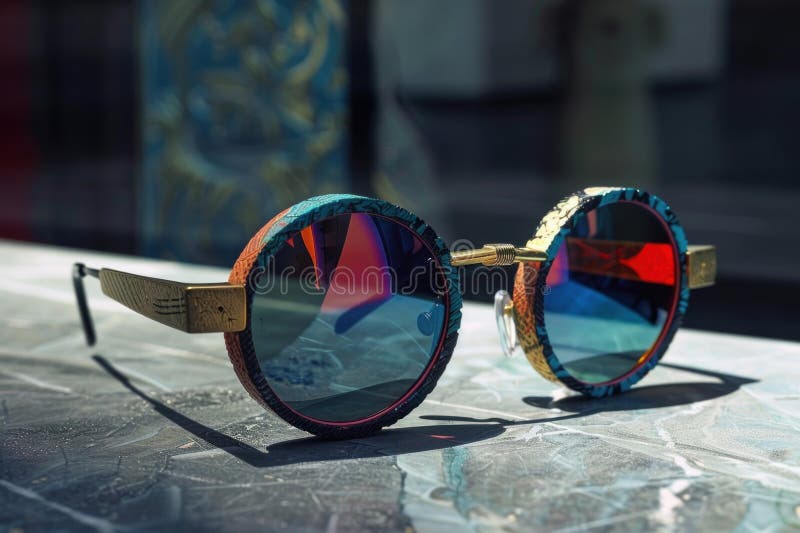 Round Blue Sunglasses Reflecting Sunlight on Table Stock Illustration ...