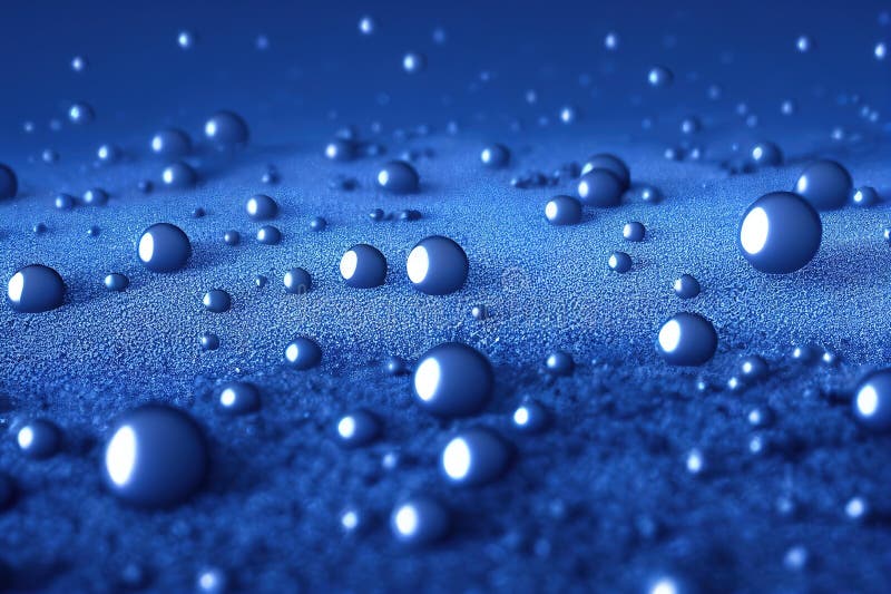 Round Blue Water Drops with Reflections Falling on a Grainy Surface ...