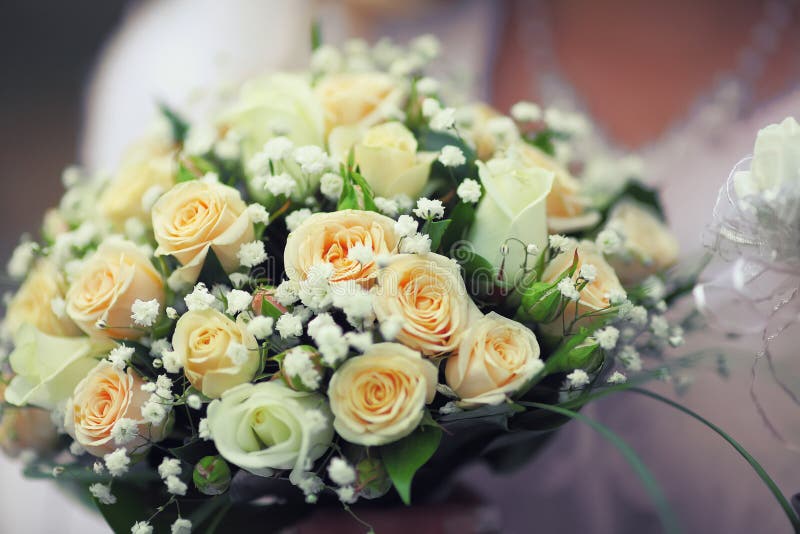 Round Bouquet of Small Roses in Hands of Bride Stock Image - Image of ...