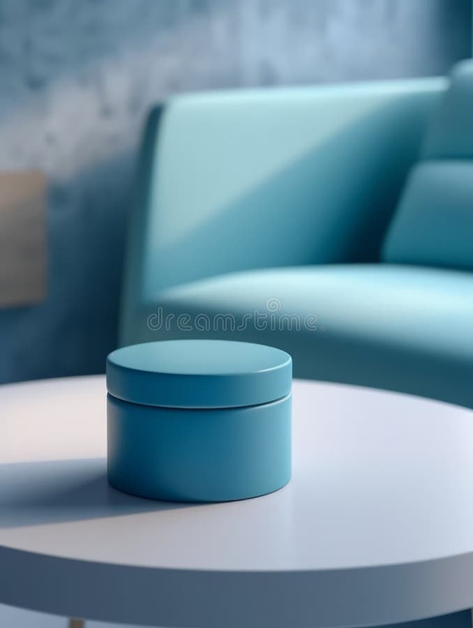 Round Box with Closed Lid Lying on a Table Surface. Minimalist Blue ...