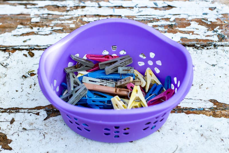 Coloured Clothespins for Linen in Container. Round Box Purple on the ...