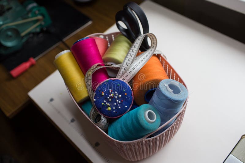 Round Box with Sewing Threads. Sewing Workshop Stock Image - Image of ...